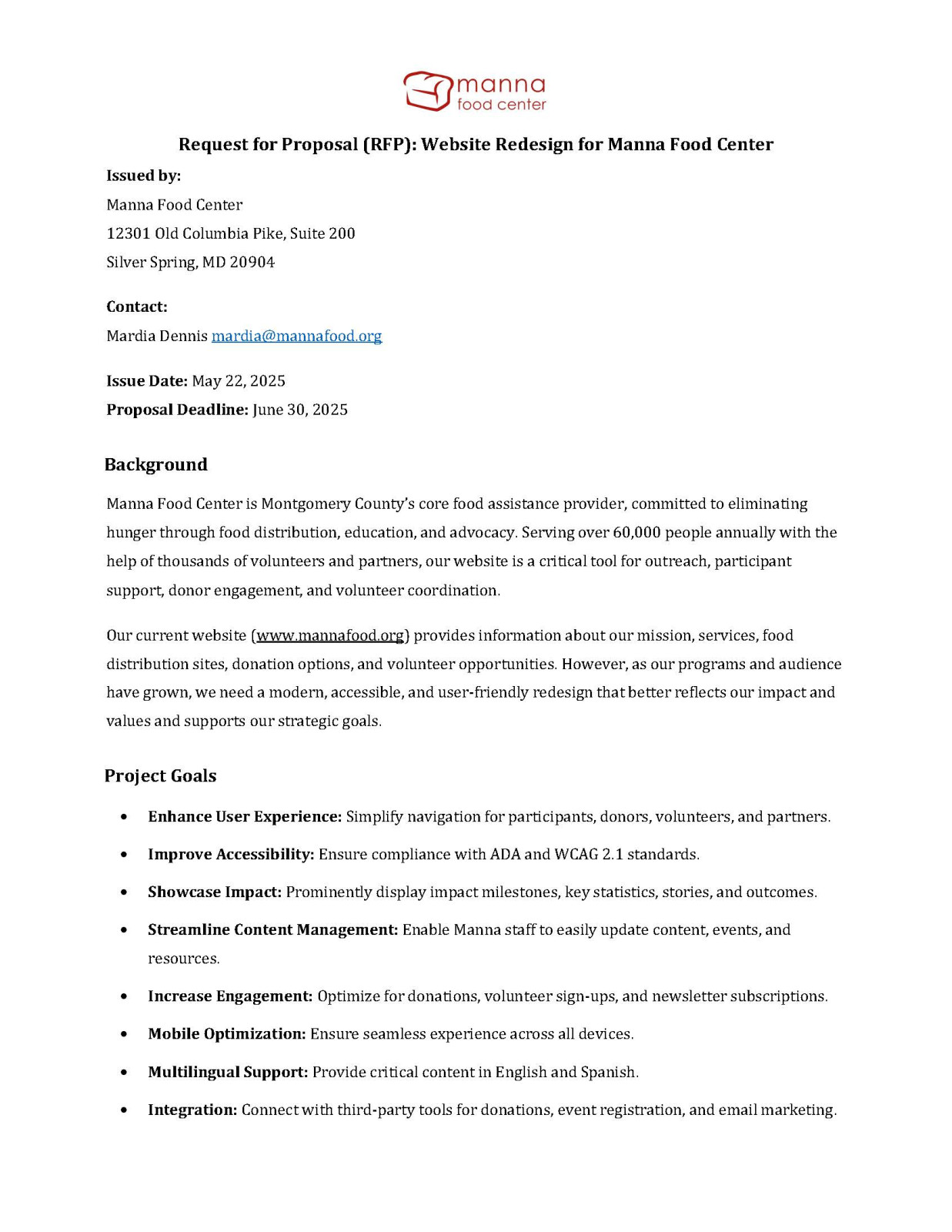 Request for Proposal (RFP): Website Redesign for Manna Food Center