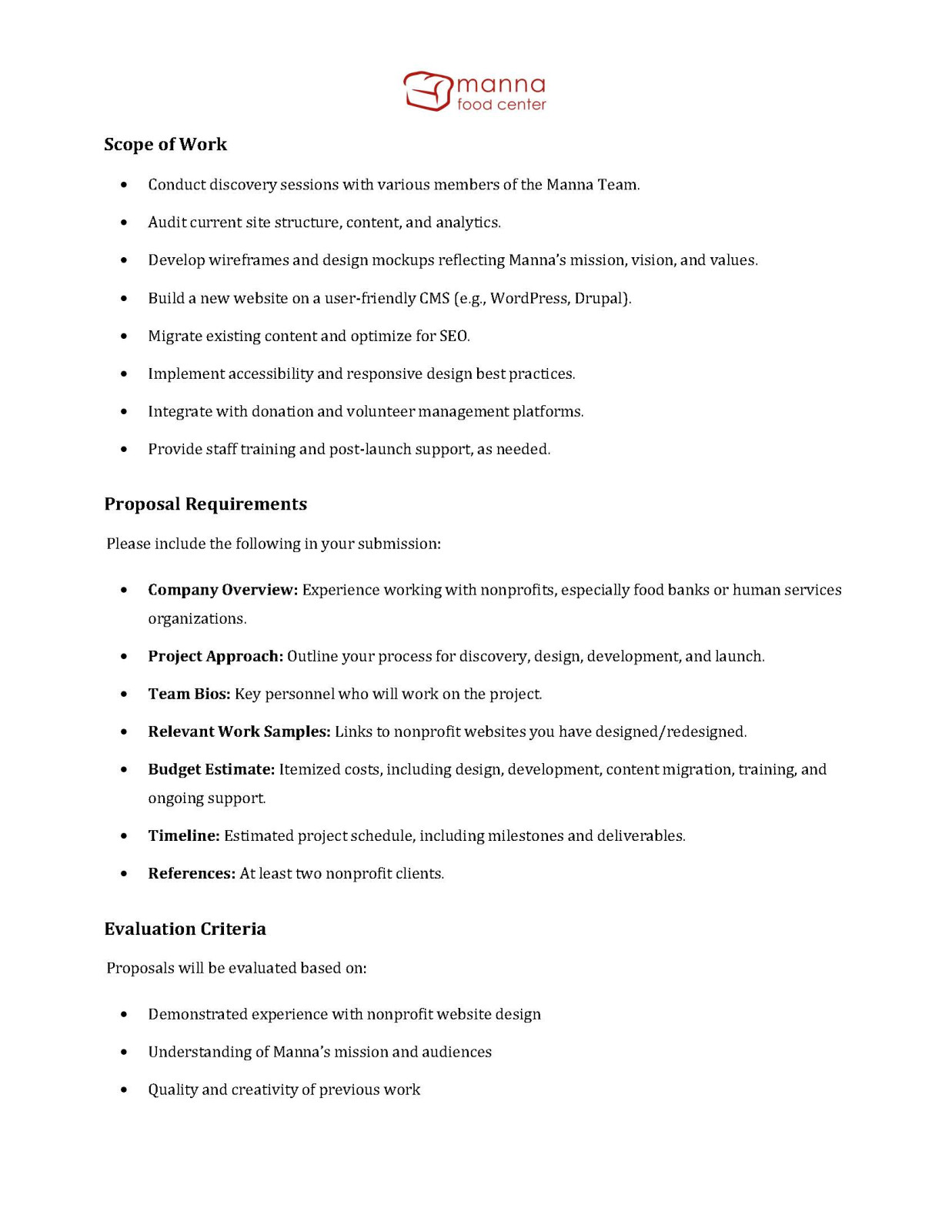 Request for Proposal (RFP): Website Redesign for Manna Food Center